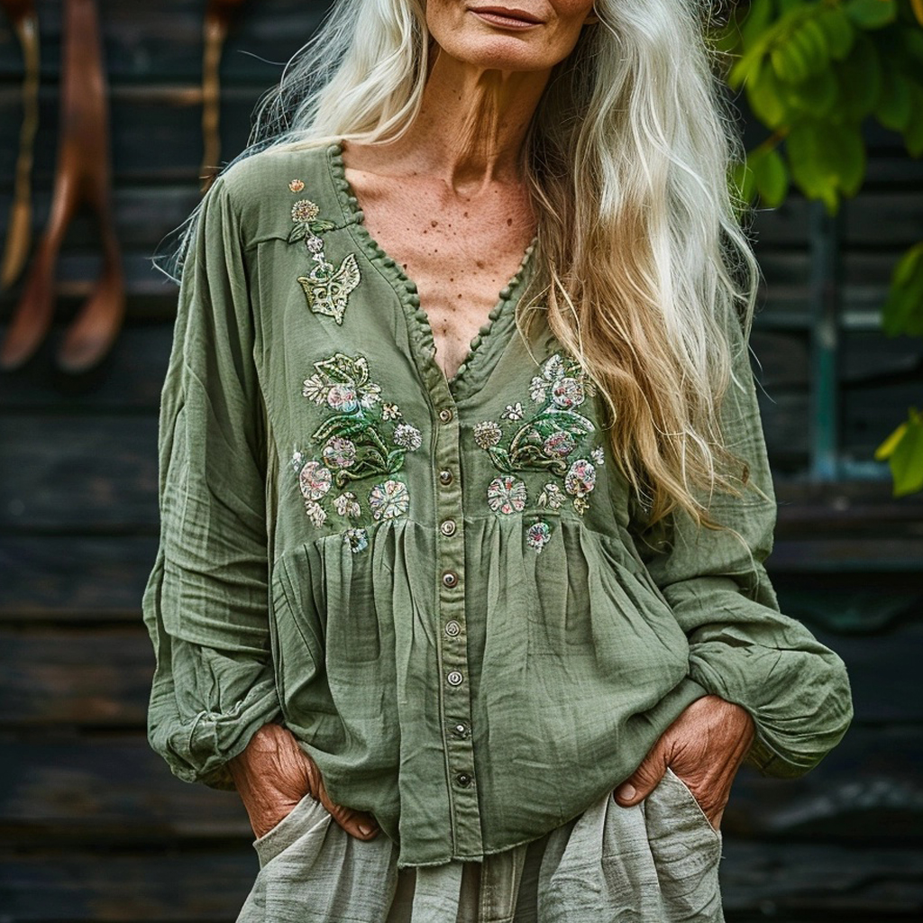 Women's Linen Bohemian Ethnic Floral Casual Loose Shirt