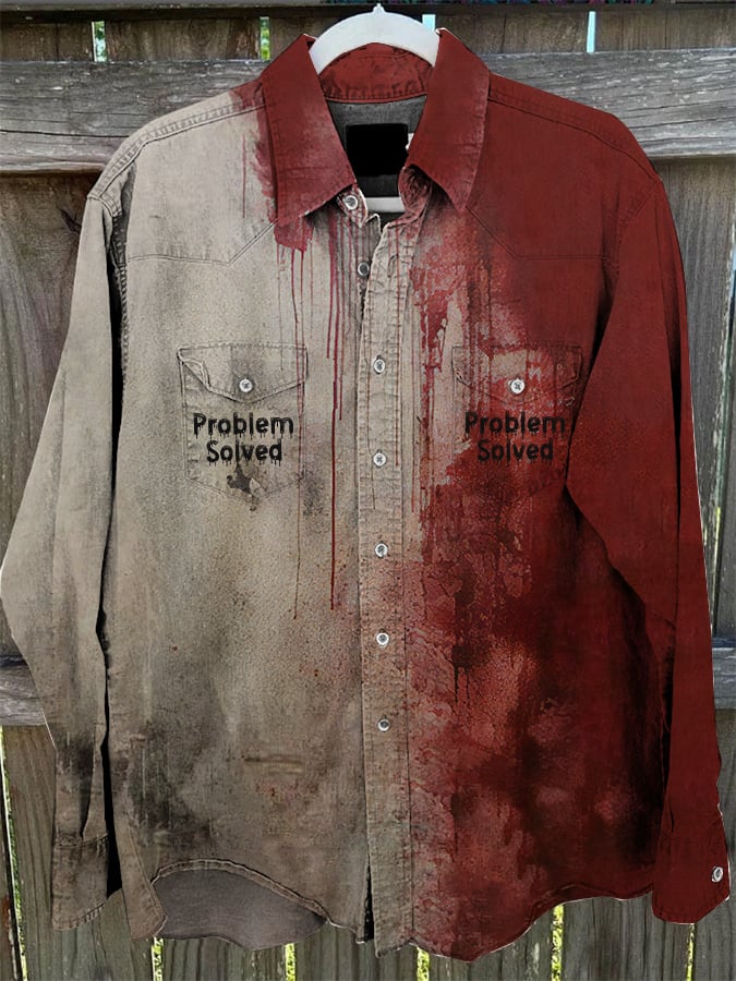 Men's Bloody Halloween Problem Solved Print Linen Shirt (With Double P