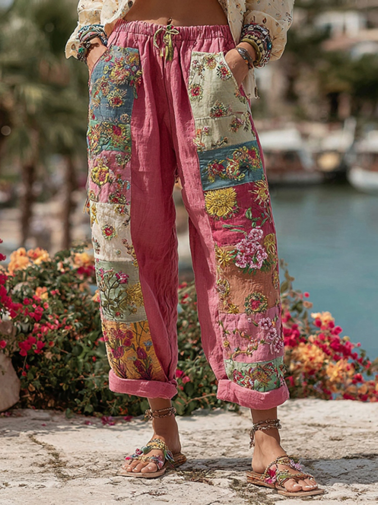 Women's Bohemian Floral Embroidery Art Contrast Color Linen Blend Casu