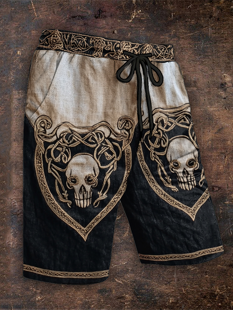 Men's Vintage Viking Skull Art Cotton And Linen Shorts
