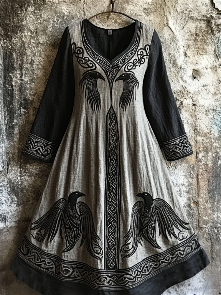 Medieval Ravens Viking Celtic Contrast Linen Maxi Dress
