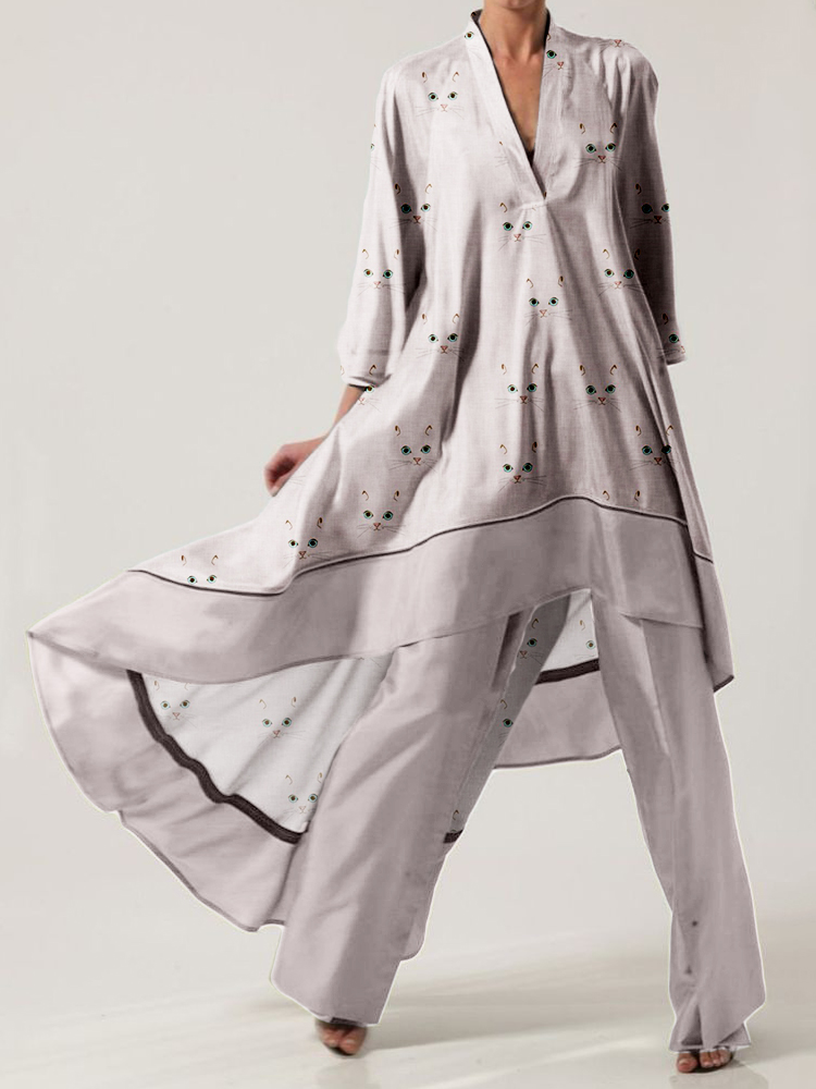 Cute Cat Face Graphic Flowy High Low Set