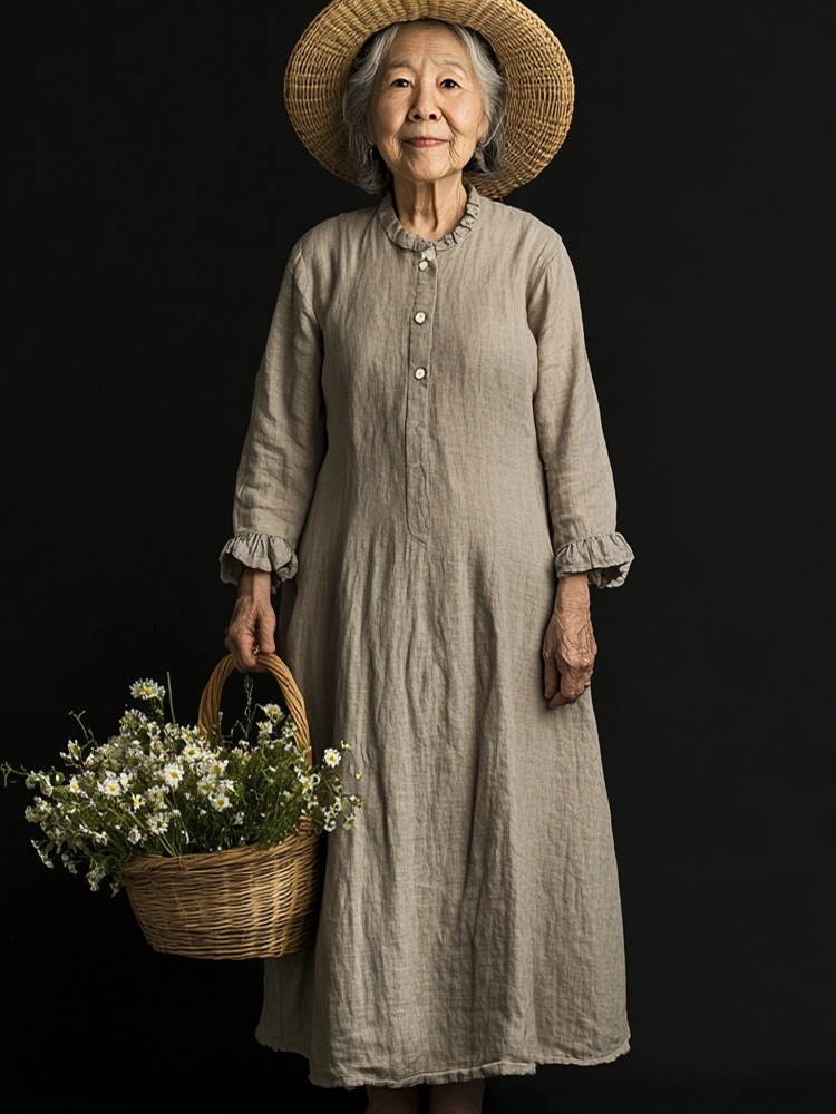Vintage Elegant Crew Neck Ruffle Linen Maxi Dress