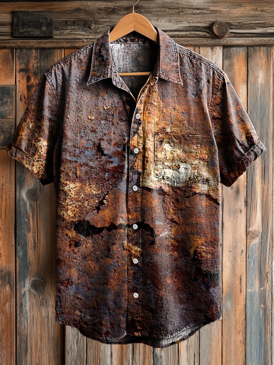 Men's Vintage Rust Print Casual Short Sleeve Pocket Shirt