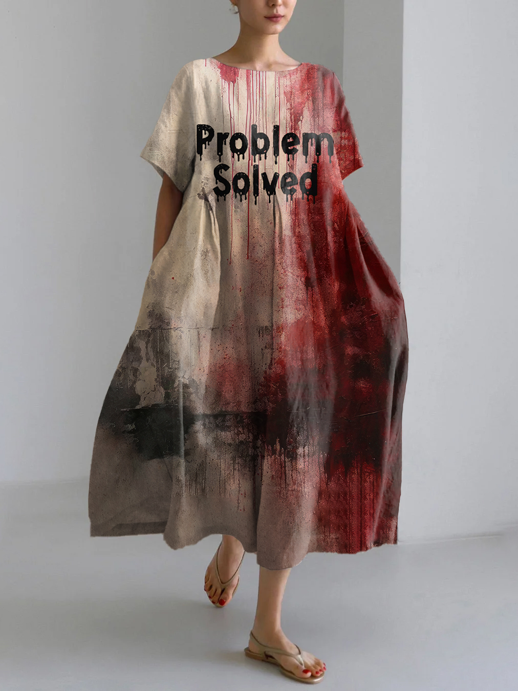 Vintage Halloween Blood Problem Solved Print Linen Blend Maxi Dress