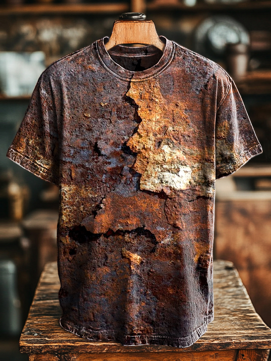 Unisex Retro Aged Rust Printed Casual Loose Short Sleeve T-Shirt