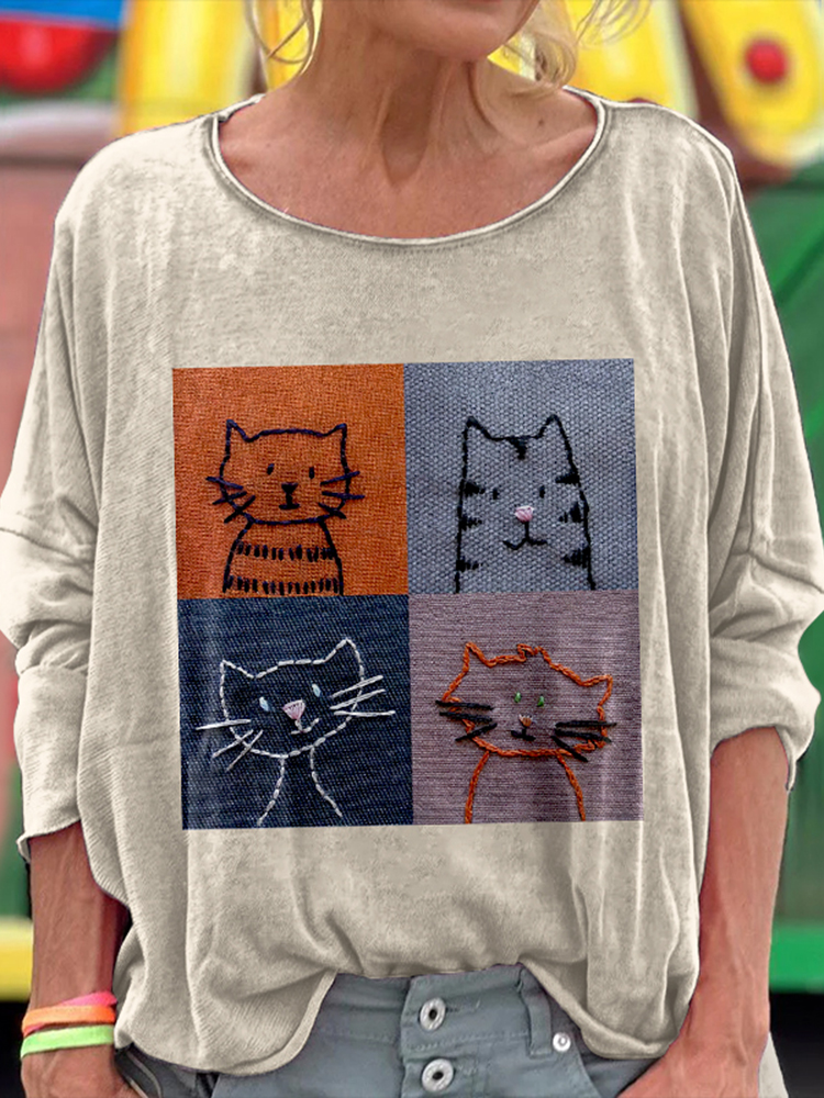 Vintage Embroidered Cat Women's Cozy Linen Crew Neck T-shirt