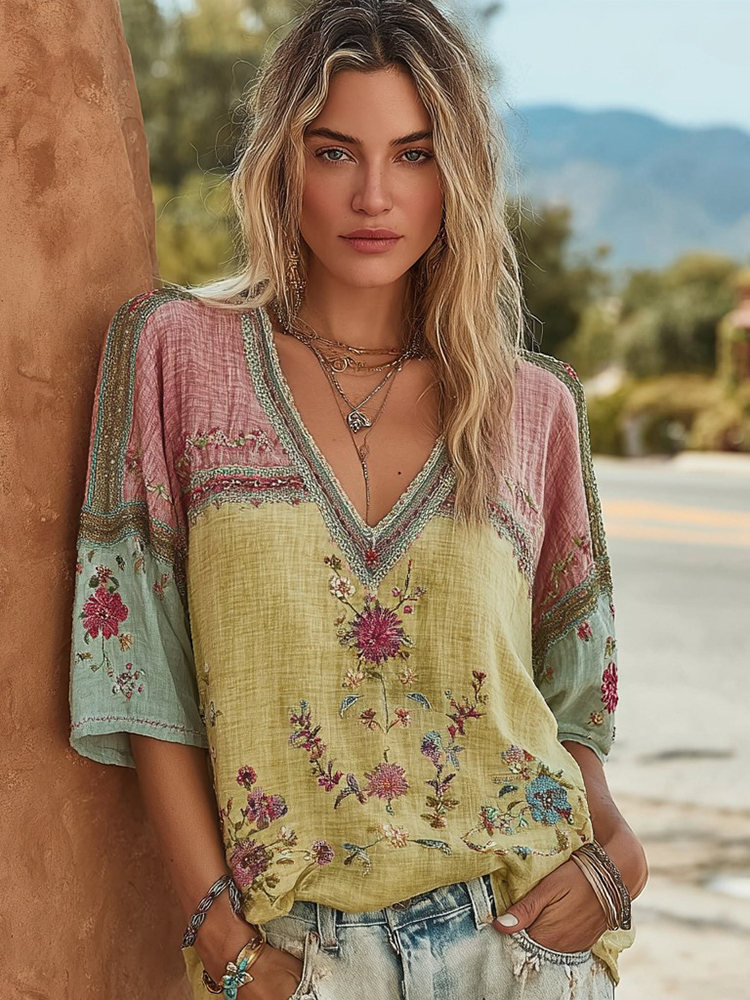 Bohemian Style Flower Embroidery Cotton And Linen Mid-length Sleeves V