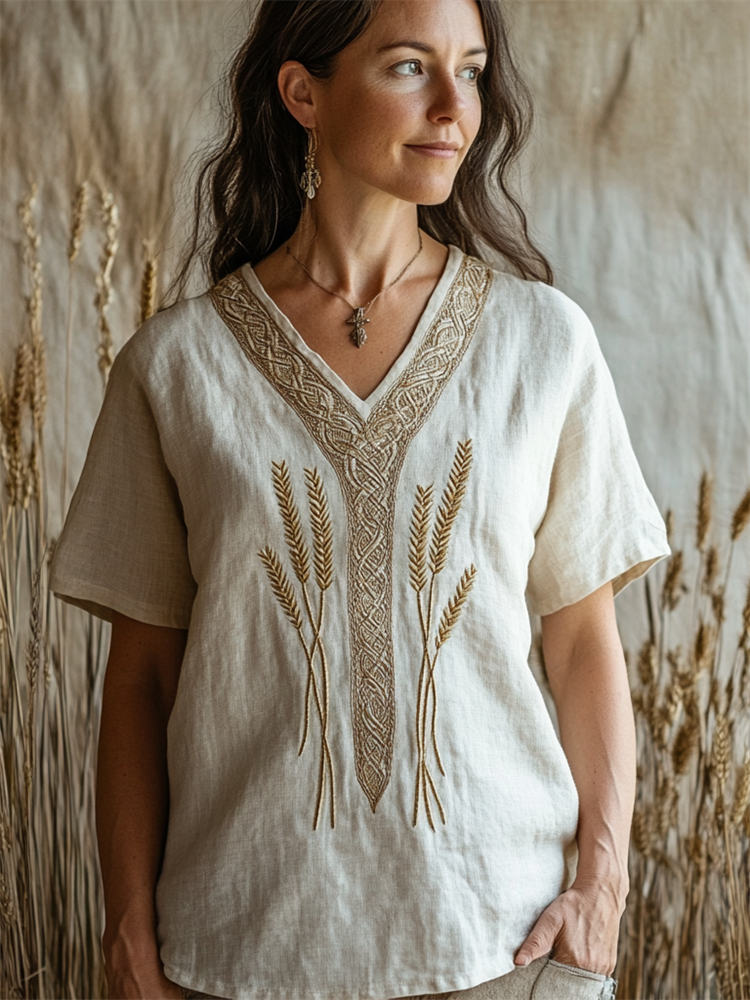 Lammas Wheat Embroidered Celtic Trim Linen Tunic