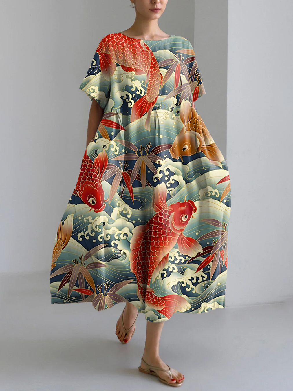 Vintage Koi Fish Pattern Linen Blend Maxi Dress