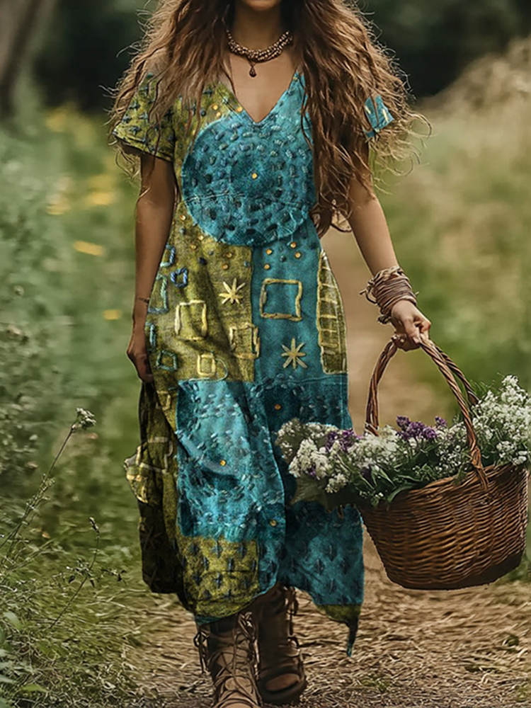 Women's Vintage Patchwork Art Print V-neck Linen Blend Midi Dress
