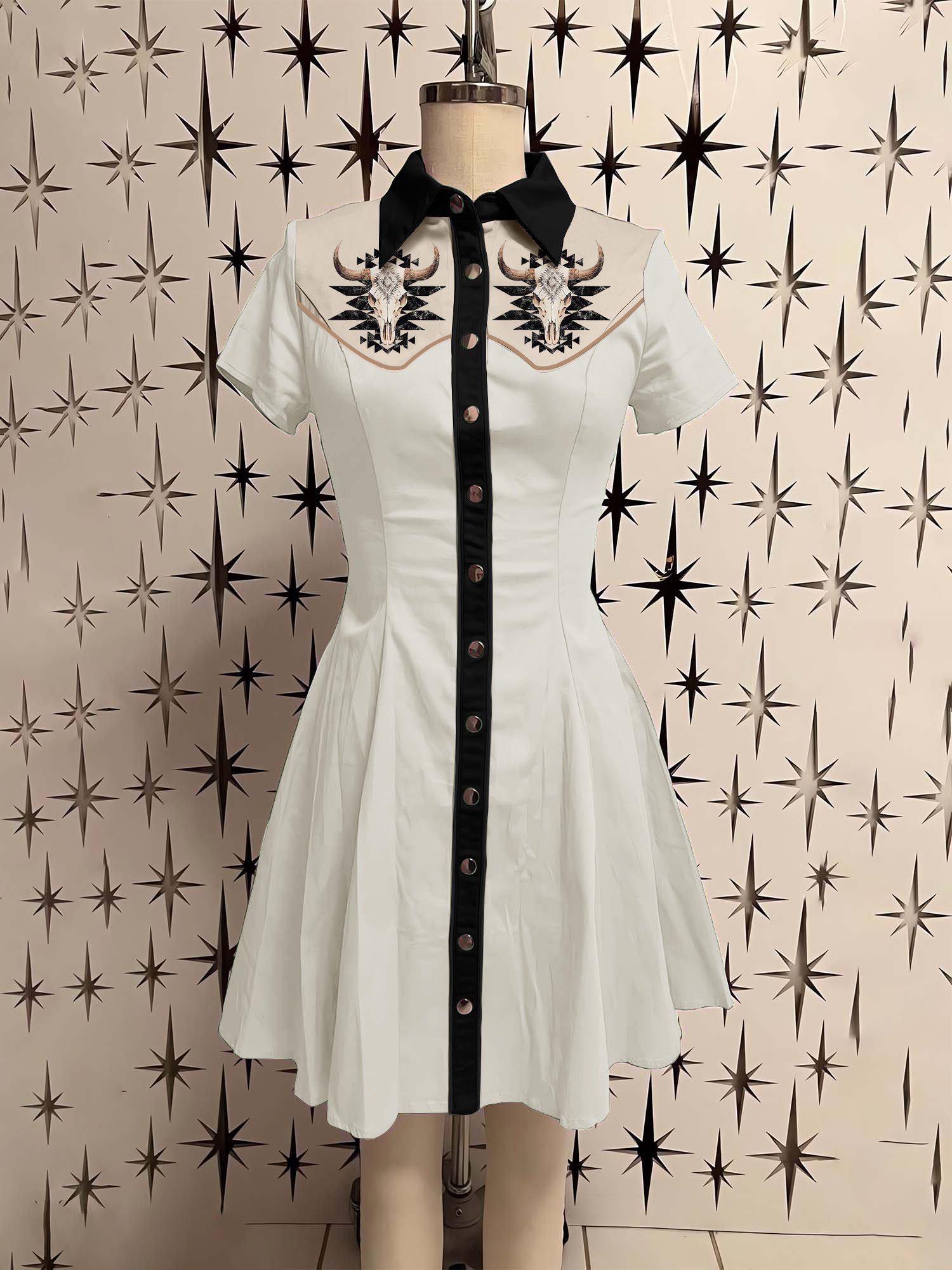 Retro Bull Head Printed Shirt Dress