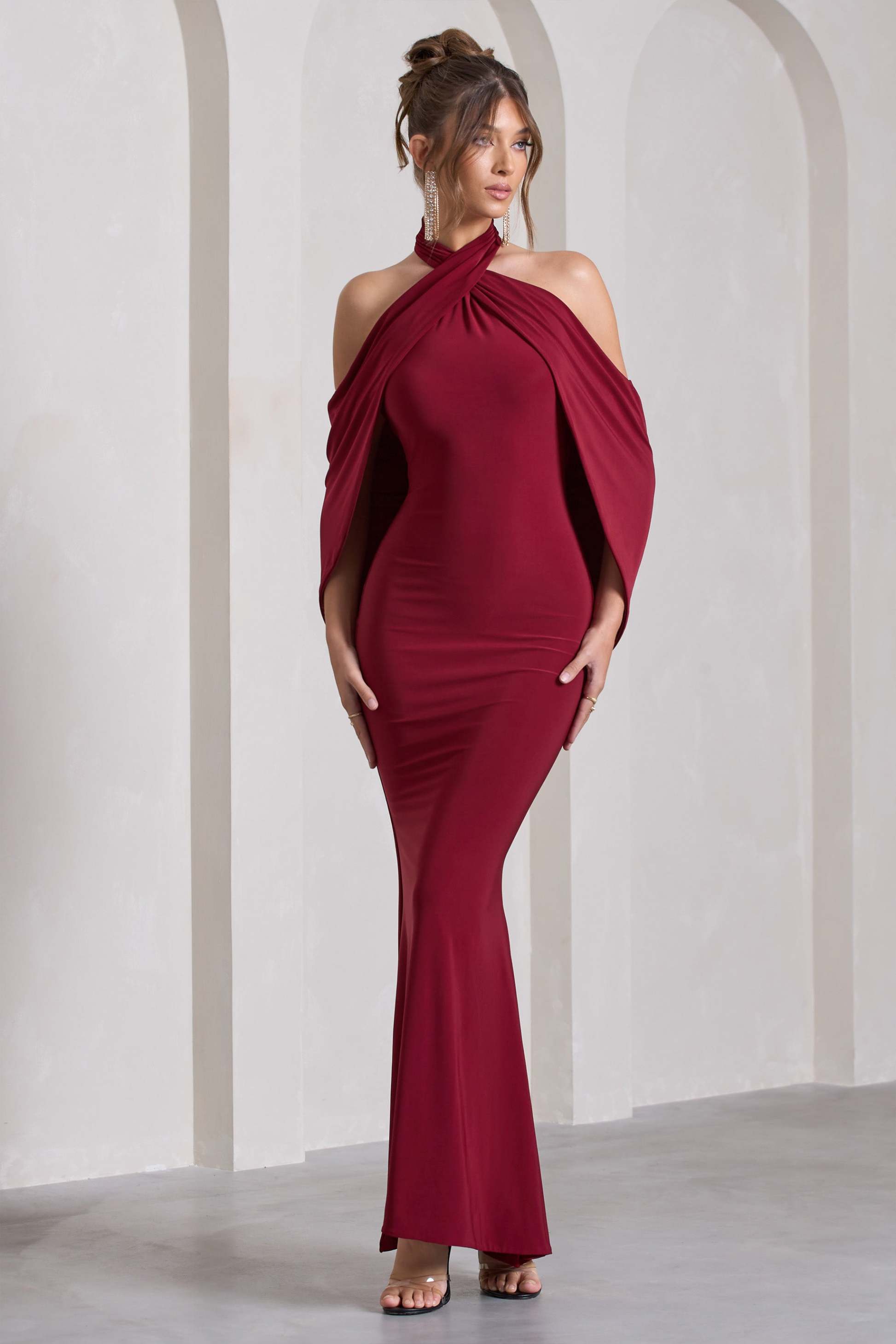 Revelation Berry Red Crossed Halter-Neck Fishtail Maxi Dress With Cape ...