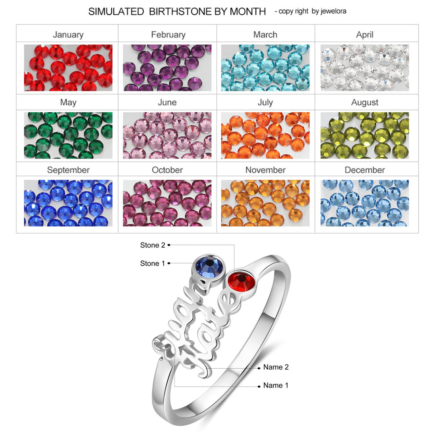 Personalized Name Ring with 2 Birthstones Stackable Rings Gifts for Her ...