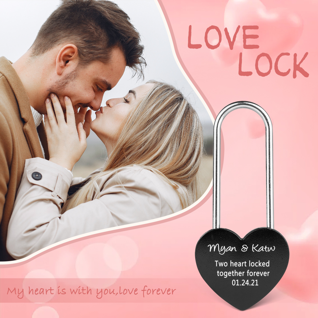 Heart Love Lock with Key Custom Names and Date Black Padlock Couple ...