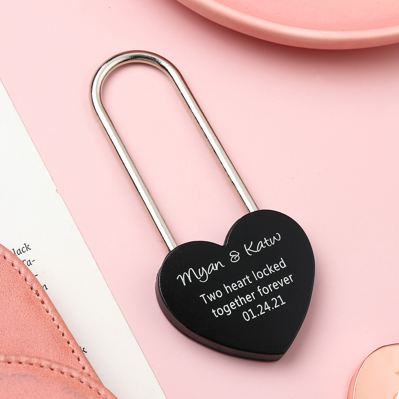 Heart Love Lock with Key Custom Names and Date Black Padlock Couple ...