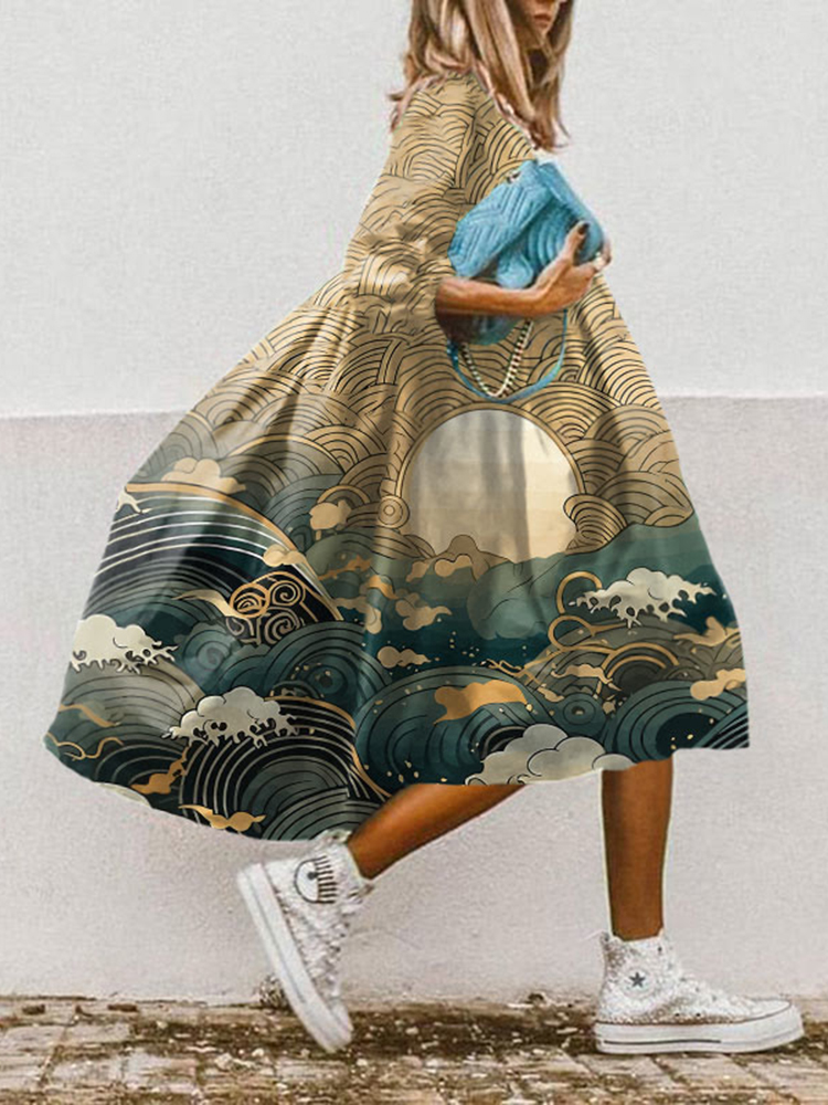 Ancient Japanese Style Wave Print Midi Dress – Kunmcq