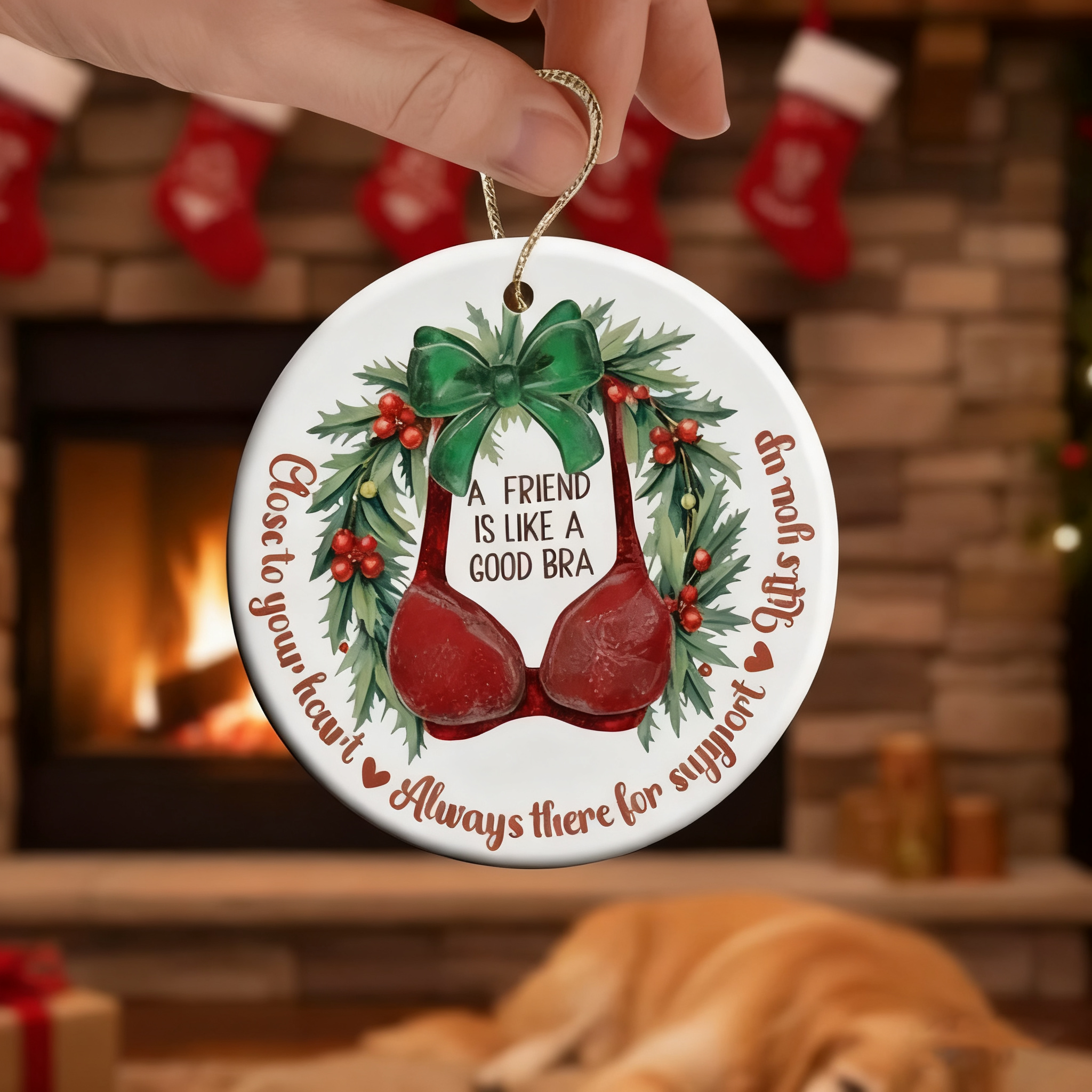 Custom A Good Friend Is Like A Bra Sea Glass Ceramic Christmas Ornamen