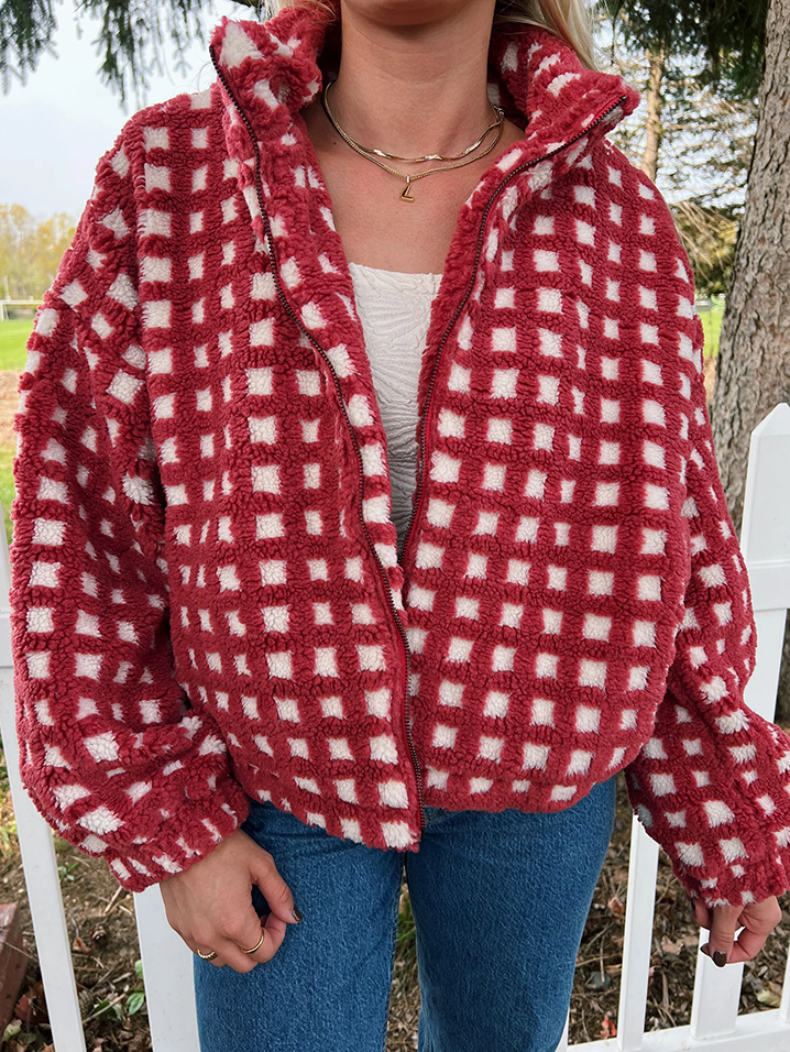 Vintage Cherry Check Fleece Jacket