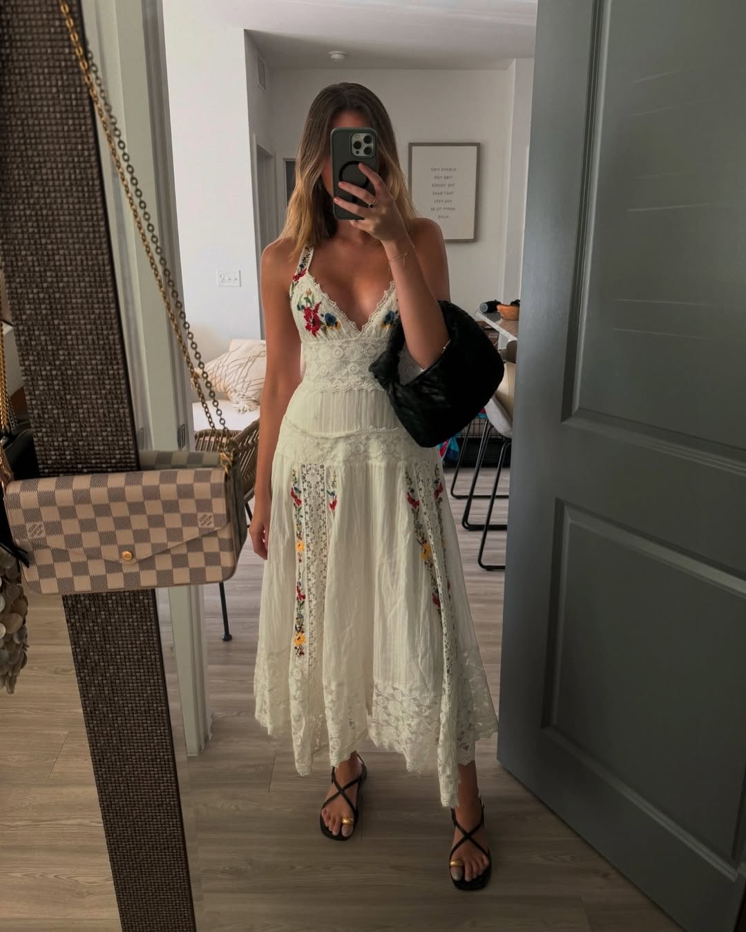 Floral Embroidered Open Back Flowy Midi Dress
