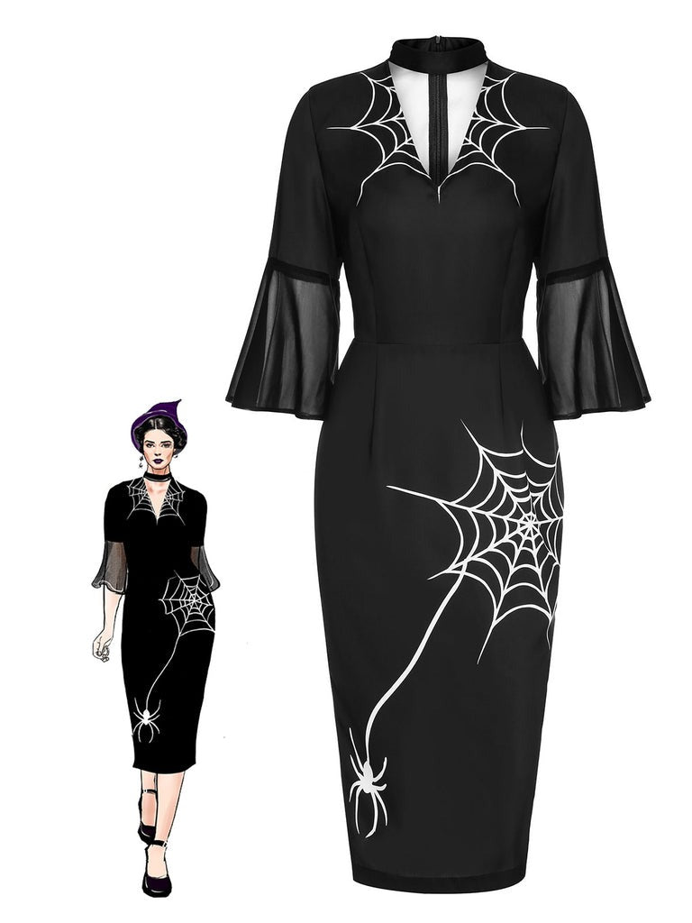 Black 1960s Halloween Spider Net Print Elegant Vintage Pencil Dress Bhyake