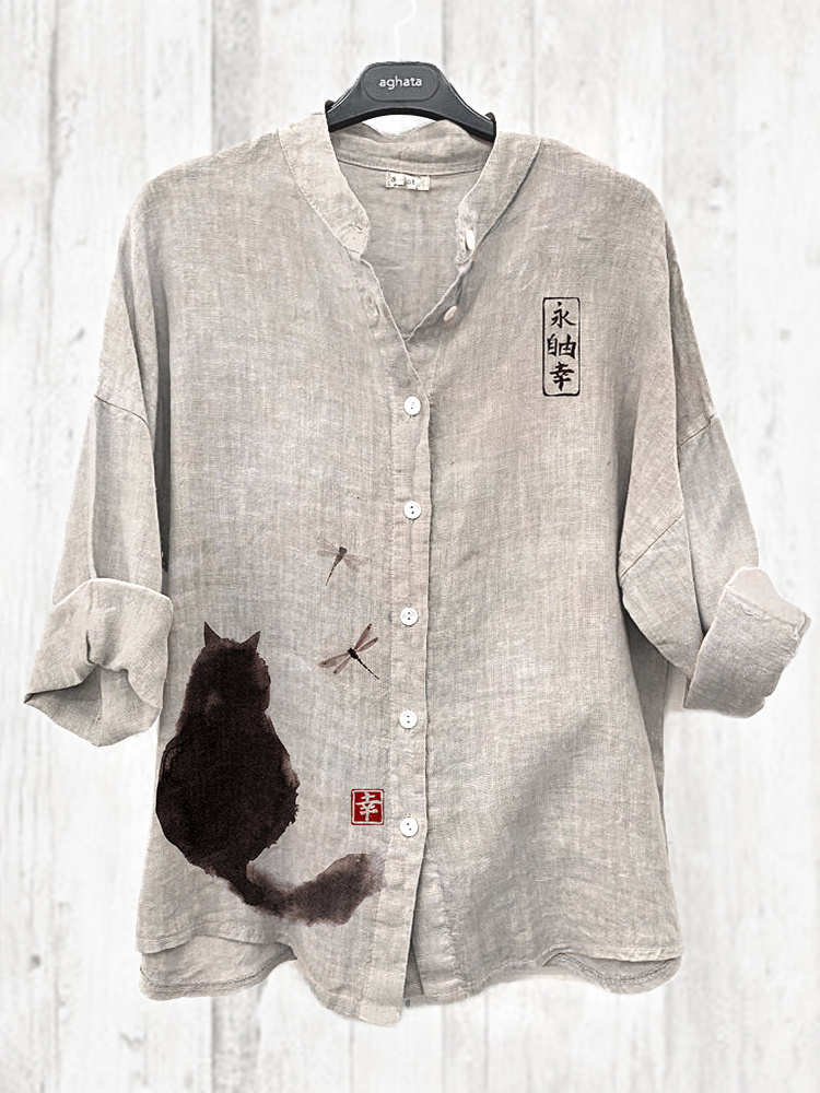 Japanese Art Cat Print Cozy Cotton Linen Shirt – Oapek