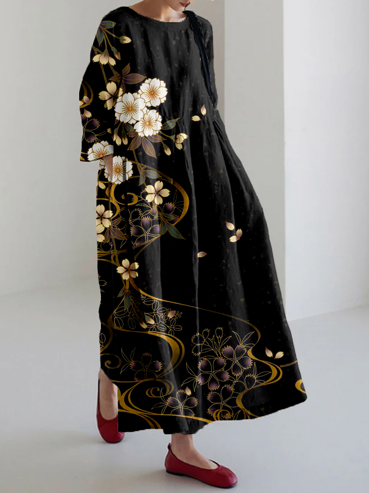 Japanese Cherry Blossoms Art Linen Blend Maxi Dress – Oapek