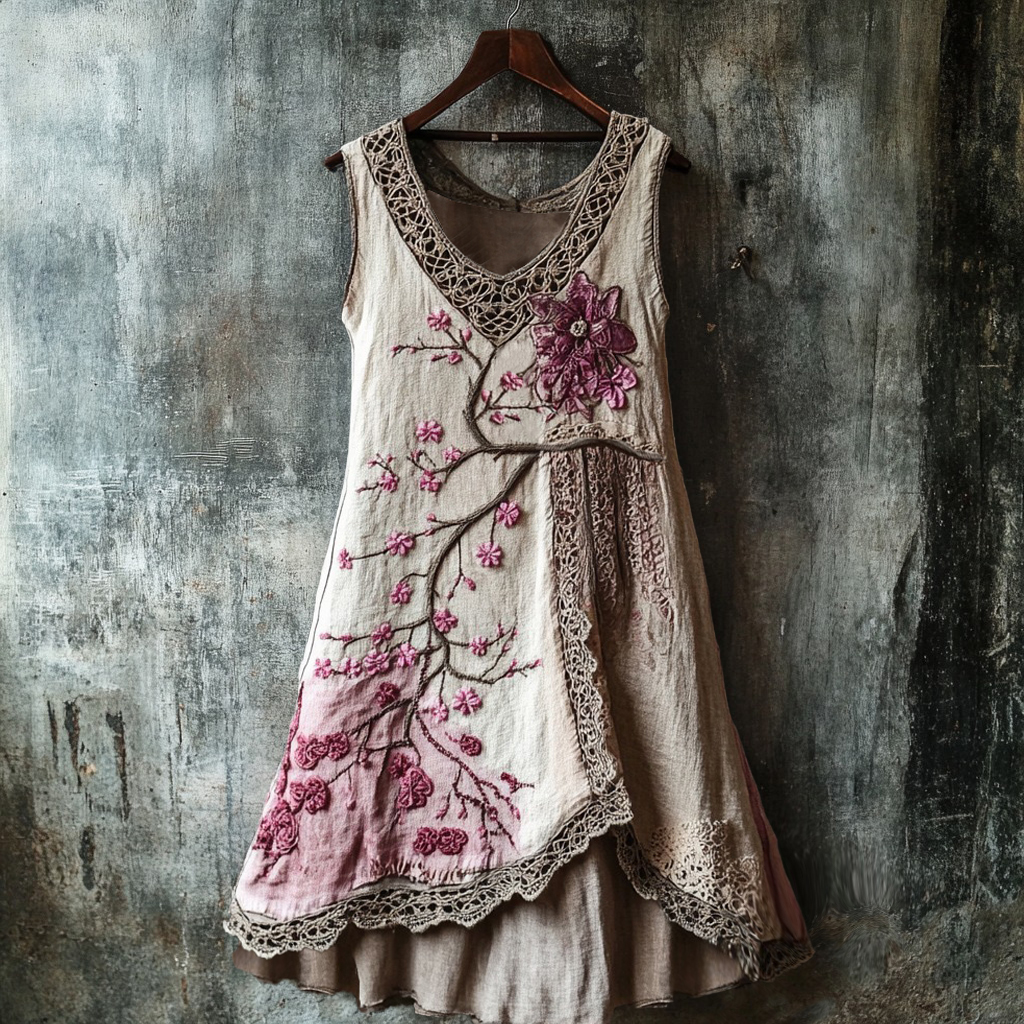 Women's Cherry Blossom Embroidery Lace Patchwork Art Linen Tank Dress ...