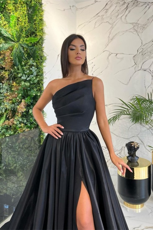 Red Long A-line Asymmetric One Shoulder Floor Length Satin Prom Dress ...