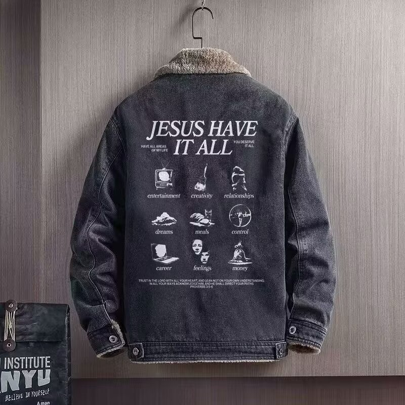 Jesus Have It All Men's winter denim jacket with fleece lining – darkpick