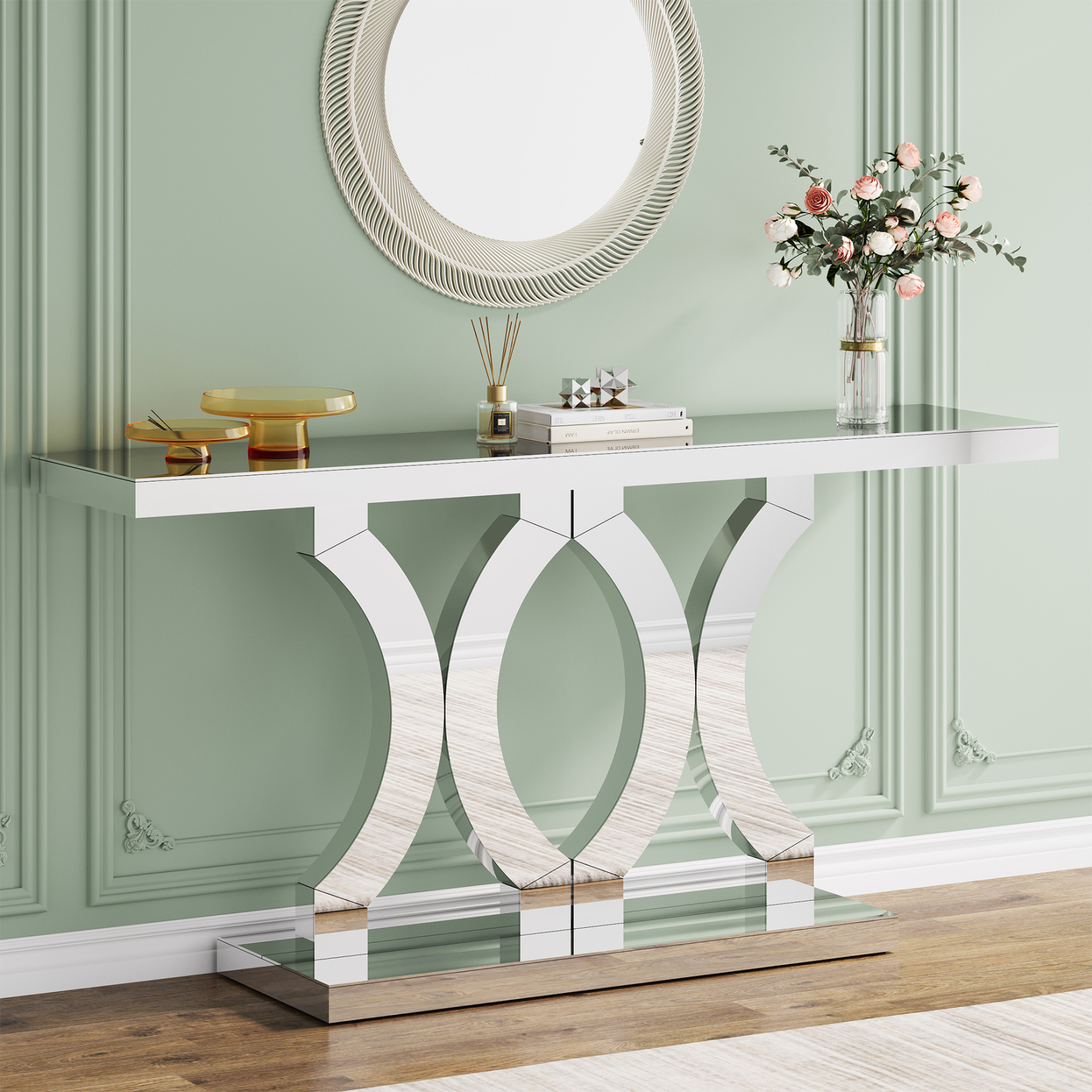 Silver Mirrored Console Table , 55-Inch Modern Sofa Table Behind Couch ...
