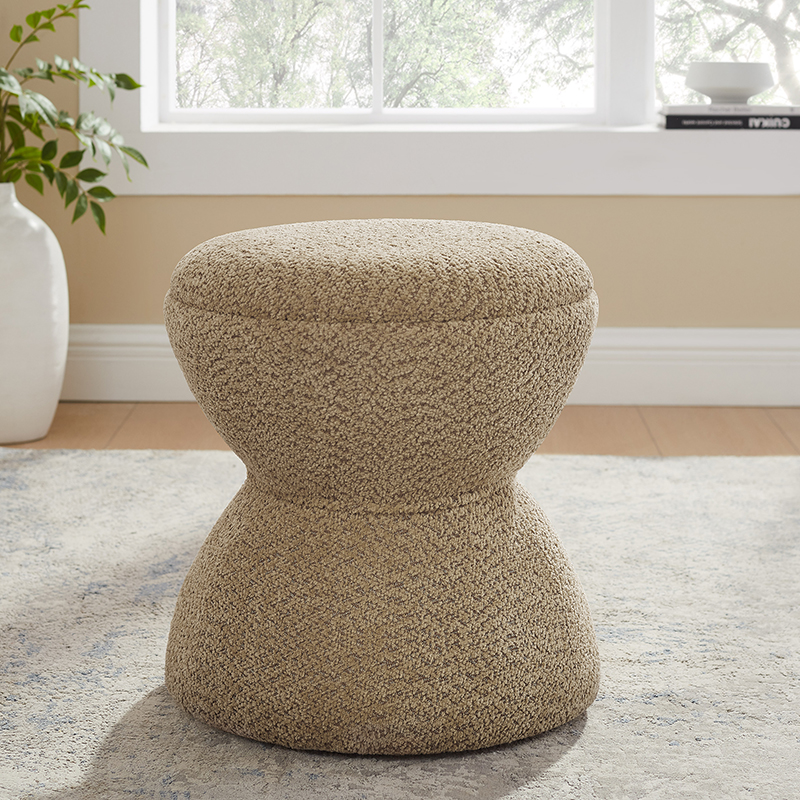 VANOMi Djembe Boucle Upholstered Ottoman with Swivel Base Pouf Swivel Vanity Stool for Living Room Walk In Closet White