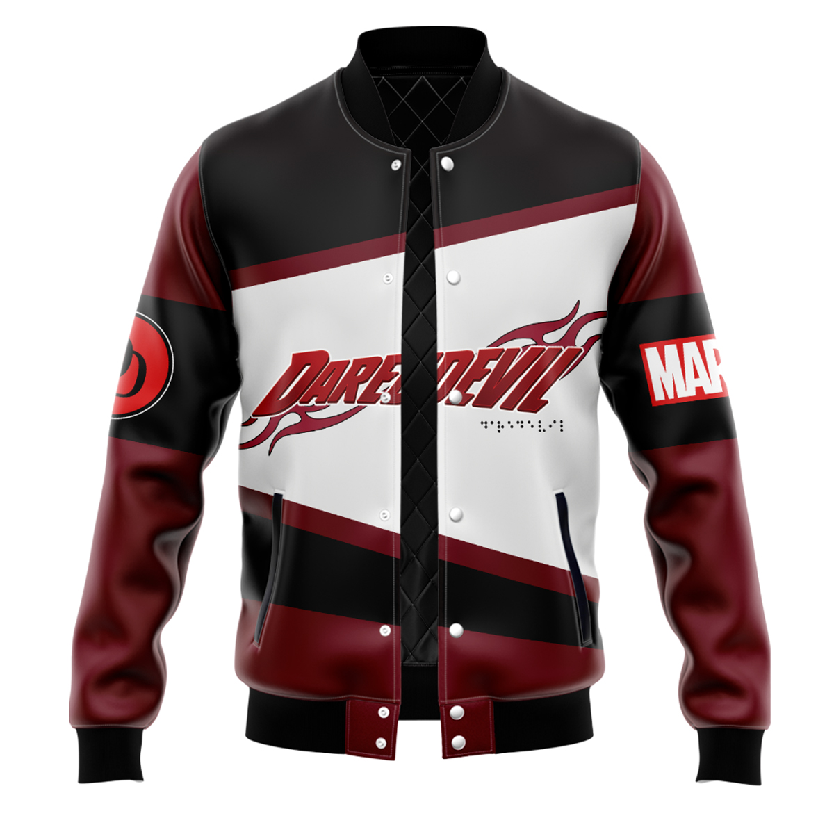 Superhero Daredevil Symbol Red White Varsity Jacket – MensCompressionShirt