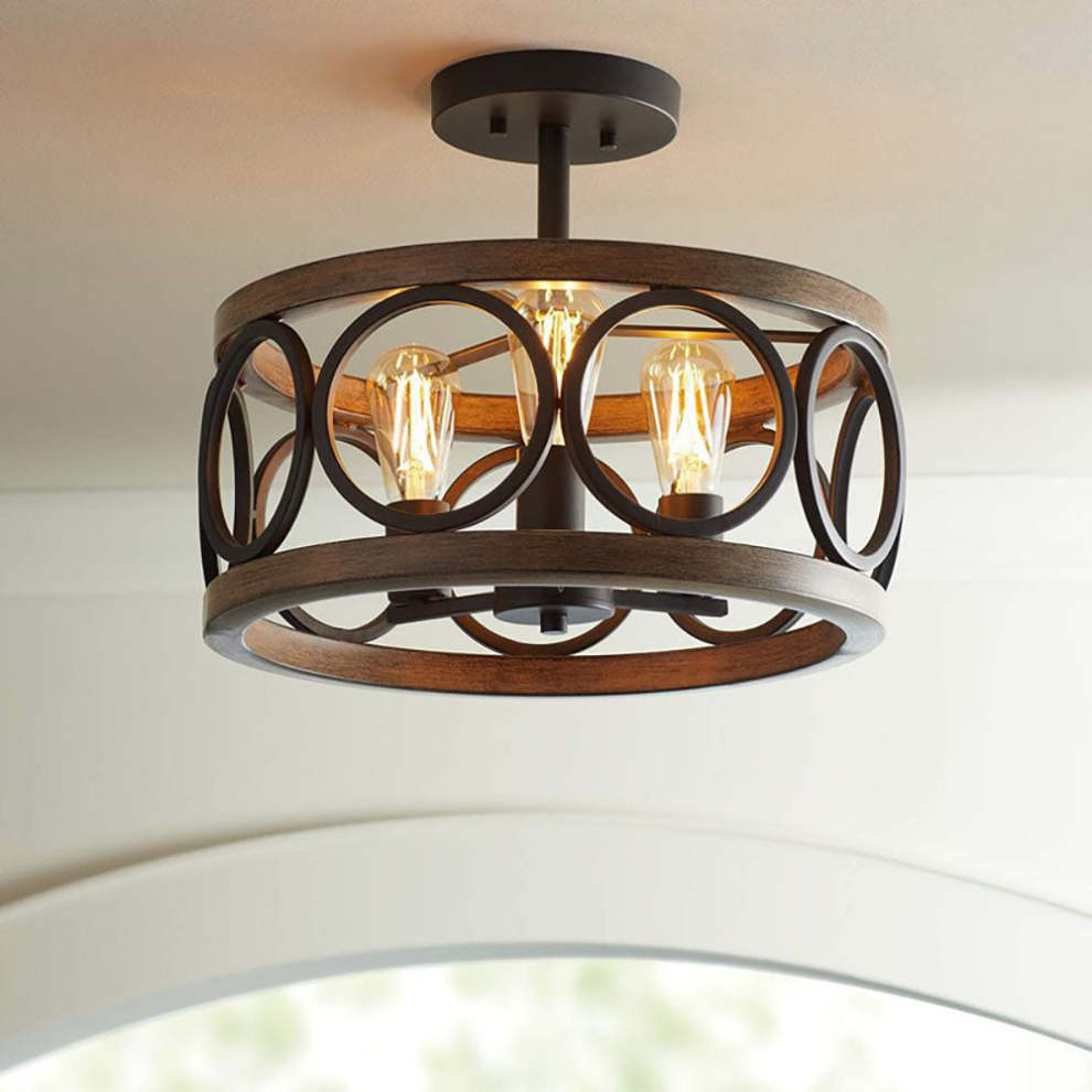 Homdiy Ceiling Light Farmhouse Semi Flush Mount 3-Light Round Ceiling ...