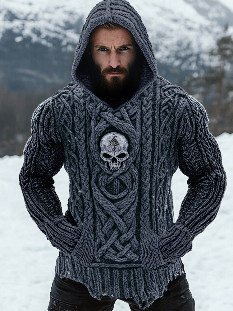 Men's Viking Tribal Skull Rune Celtic Inspired Knit Hooded Sweater