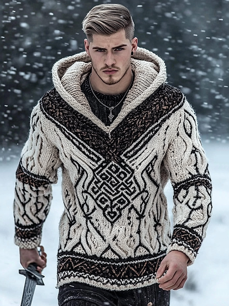 Men's Viking Tribal Jacquard Celtic Inspired Cozy Hooded Sweater