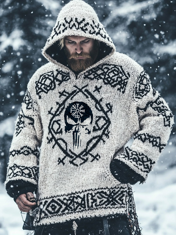 Men's Viking Runes Skull Inspired Knit Hooded Sweater