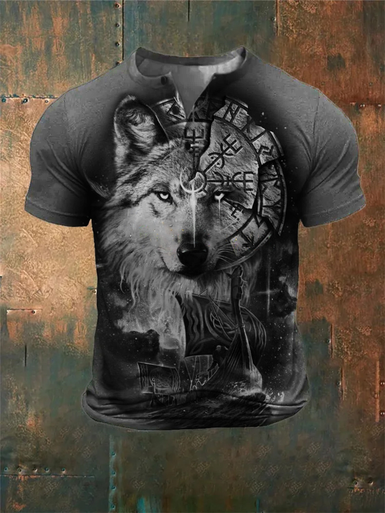 Men's Viking Wolf Vegvisir Art Henley Shirt