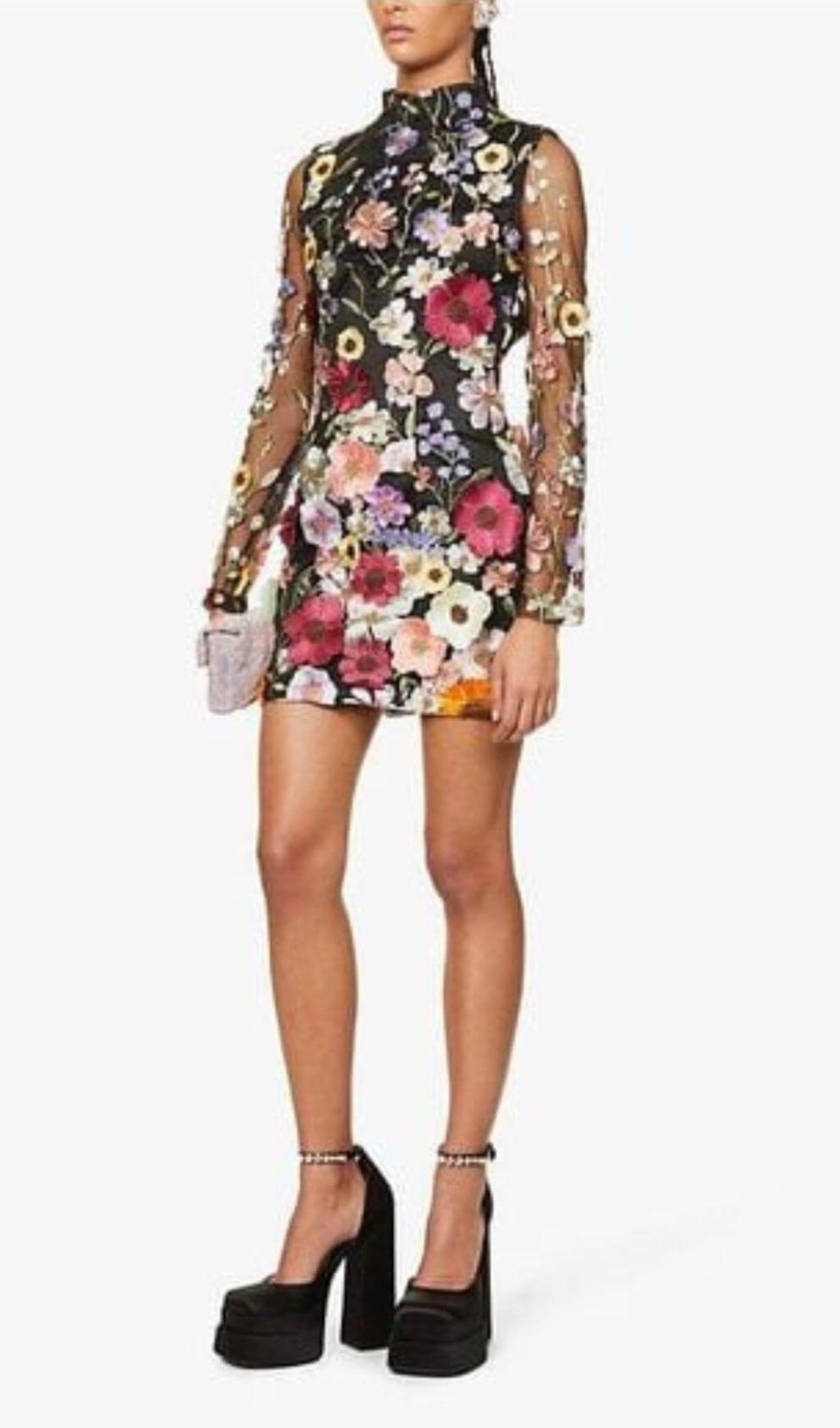 LONG SLEEVE MESH FLOWER MINI DRESS IN BLACK – Artofcb