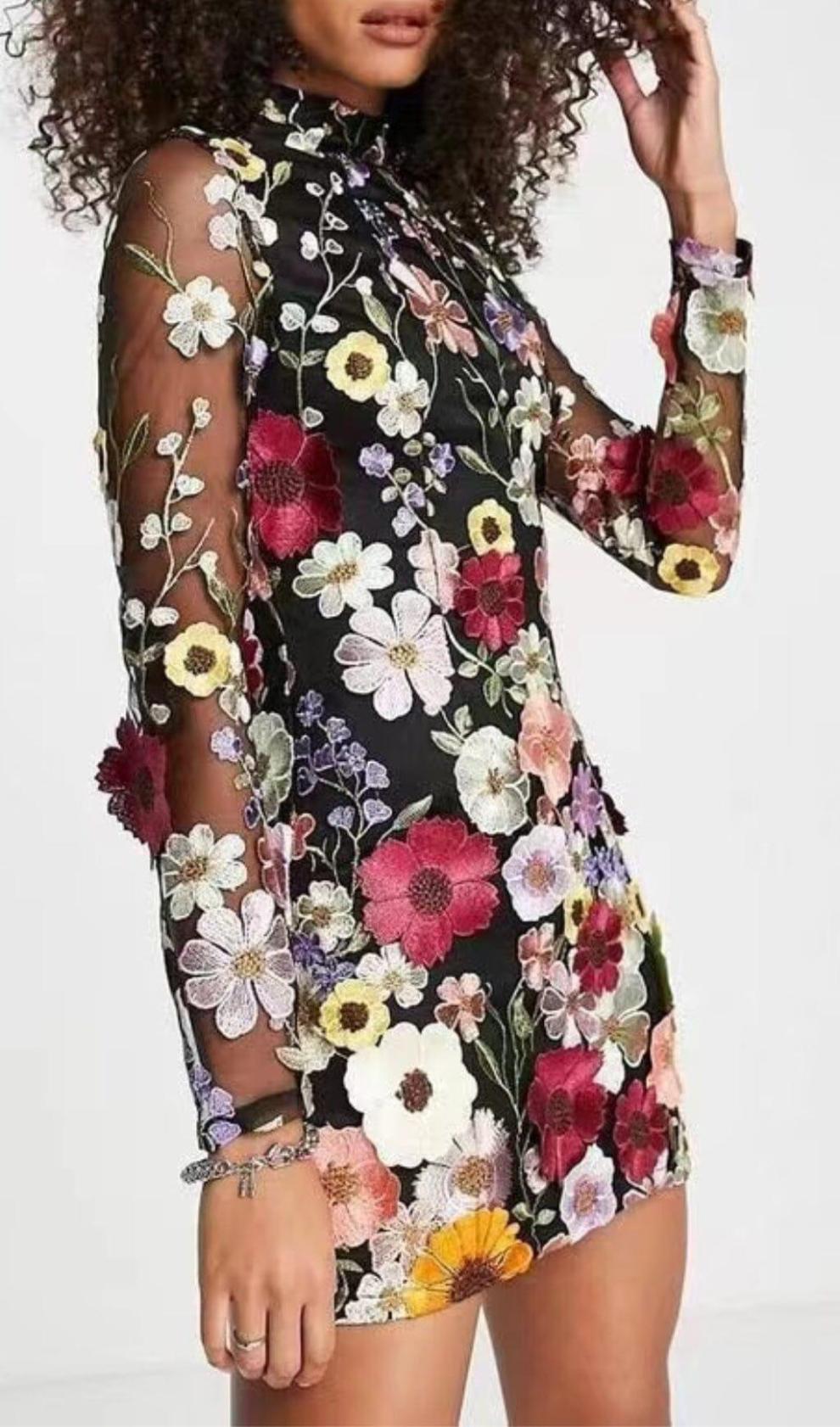 LONG SLEEVE MESH FLOWER MINI DRESS IN BLACK – Artofcb