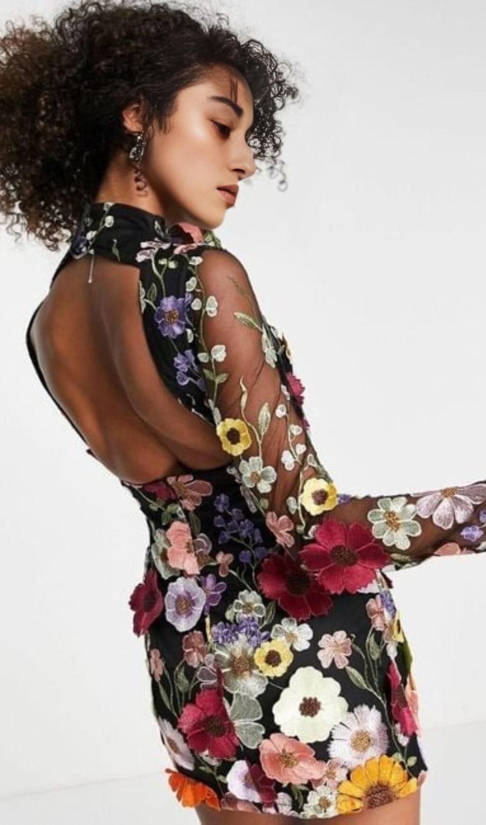 LONG SLEEVE MESH FLOWER MINI DRESS IN BLACK – Artofcb