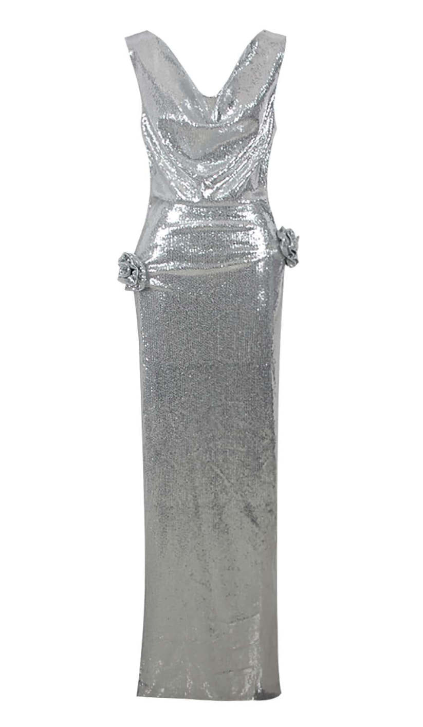 MBELLISHED V-NECK COLUMN GOWN IN SILVER – Artofcb