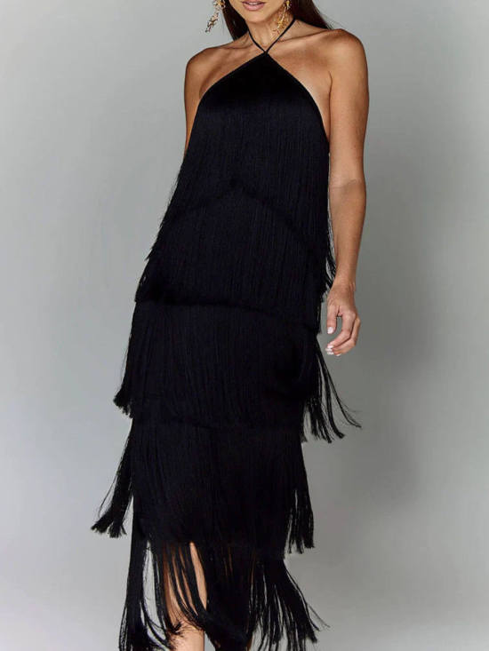 Fashionable Halter Neck Tassel Backless Slit Party Dress – Likemychoice
