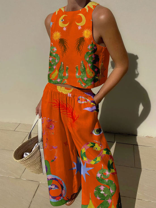 Unique Print Tank And Elastic Waist Pocketed Pants Set – Likemychoice