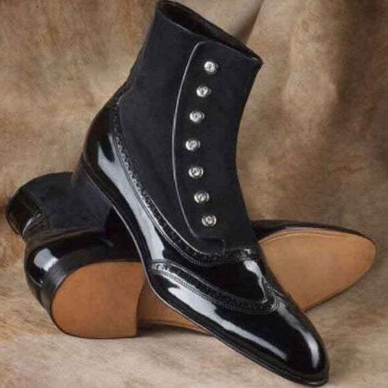 Men's Black Patent Leather Ankle High Button Boots – Bigedite