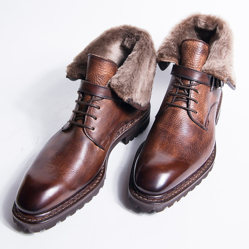 Vintage Front Lace-Up Fur Low-Cut Block-Heel Men's Boots – Bigedite