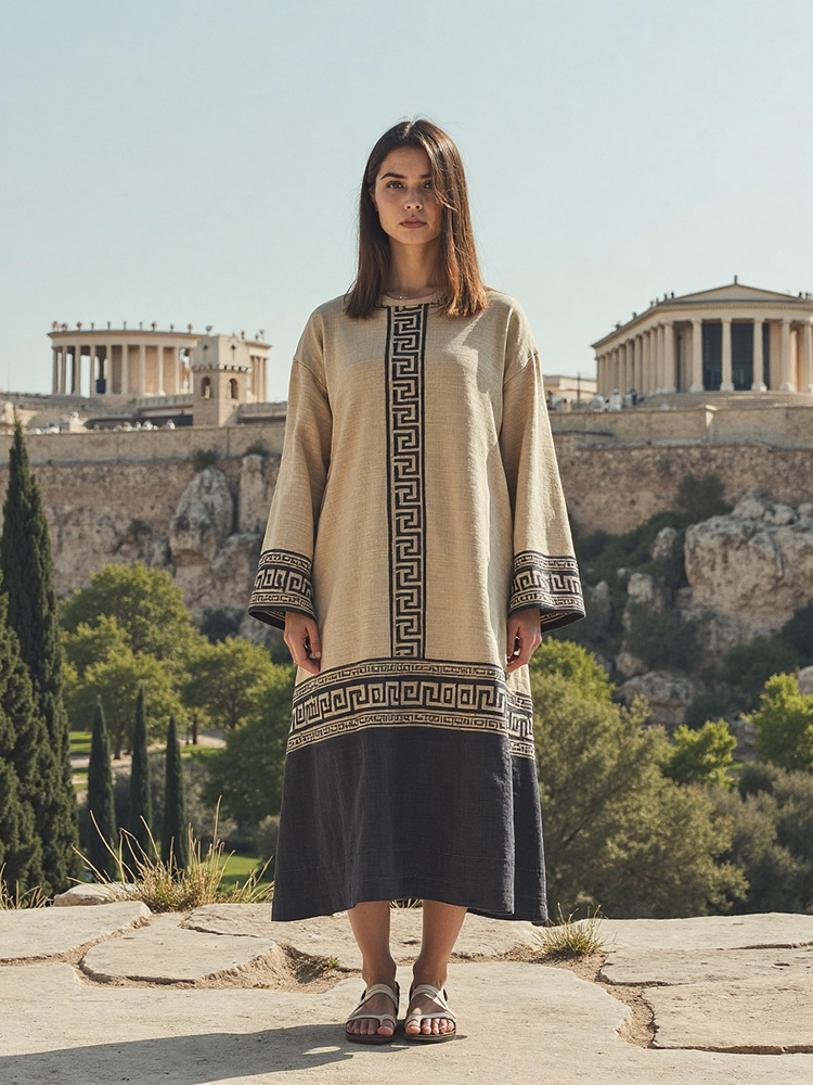 Retro Classic Greek Ethnic Graphics Crew Neck Linen Blend Maxi Dress ...