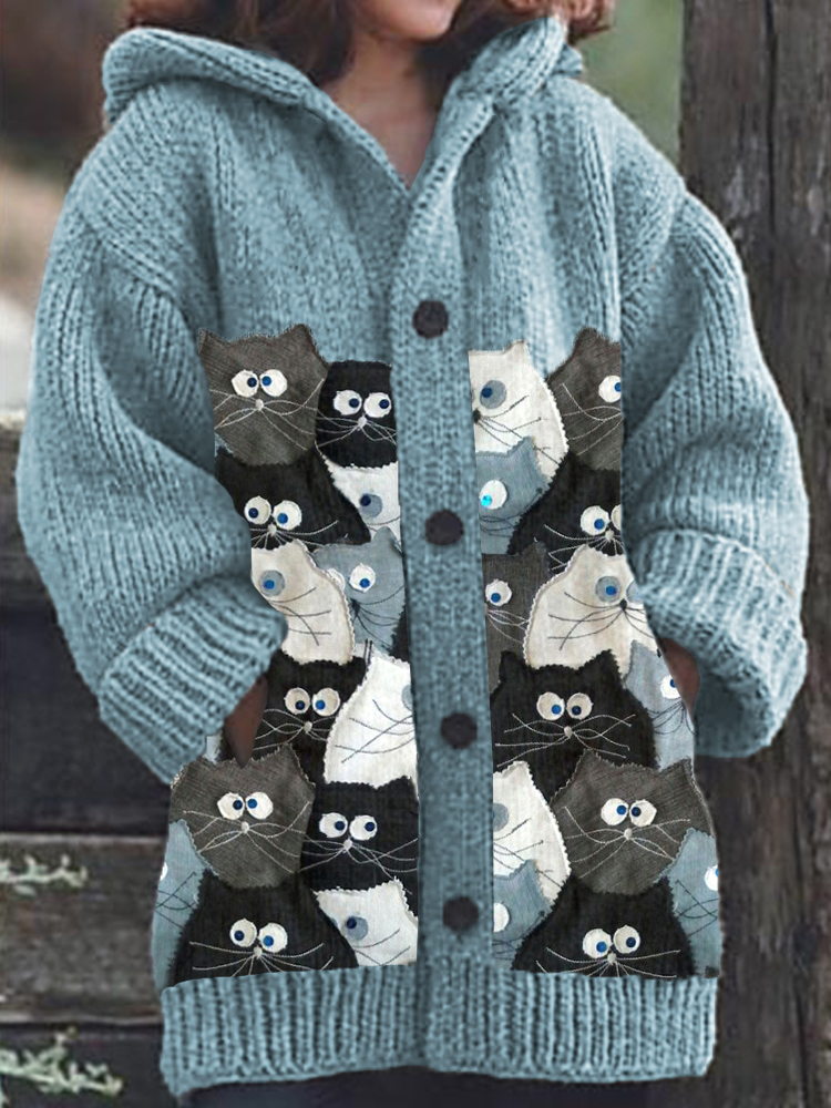 Denim Patchwork Cats Pattern Cozy Knit Hooded Cardigan – Ldtree