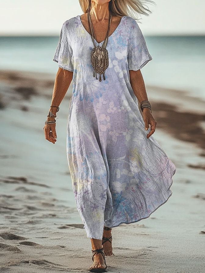 Women's Art Floral Hippie Vintage Print V Neck Dress – Boonw