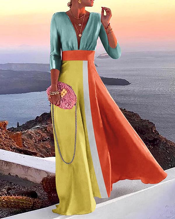 Elegant Long-sleeved V-neck Color Block Party Long Dress – Boonw